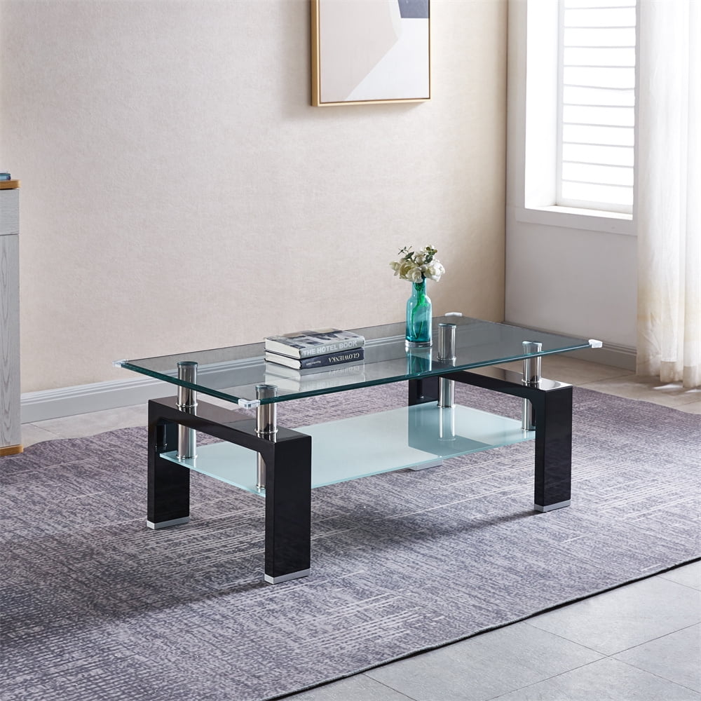 Double-Layer Coffee Table, Modern Rectangle Side Table with Tempered ...