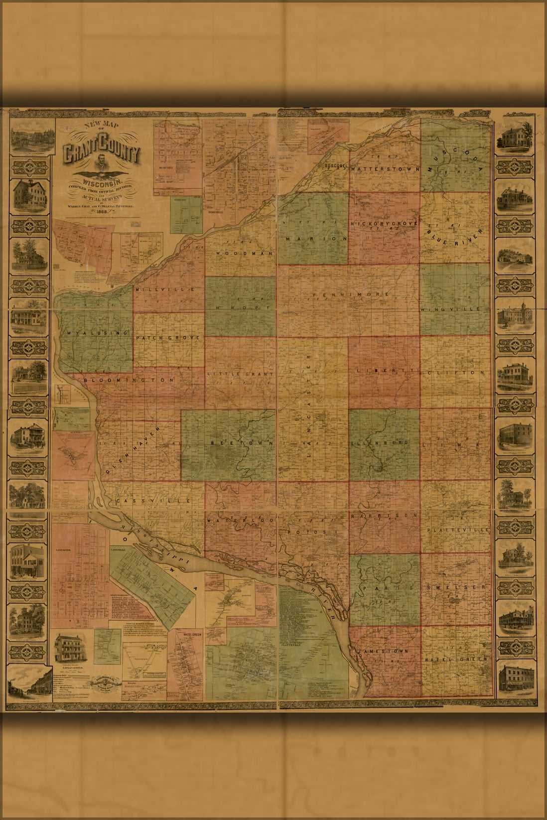 24"x36" Gallery Poster, map of Grant County, Wisconsin 1868 - Walmart.com