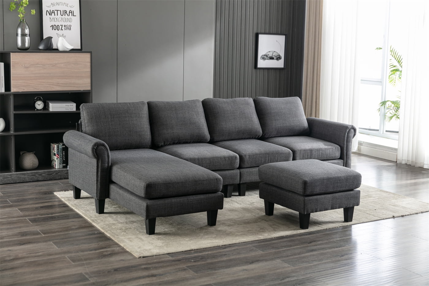 L Shape Sectional Sofa with Removable Ottoman, Modern Linen Fabric ...