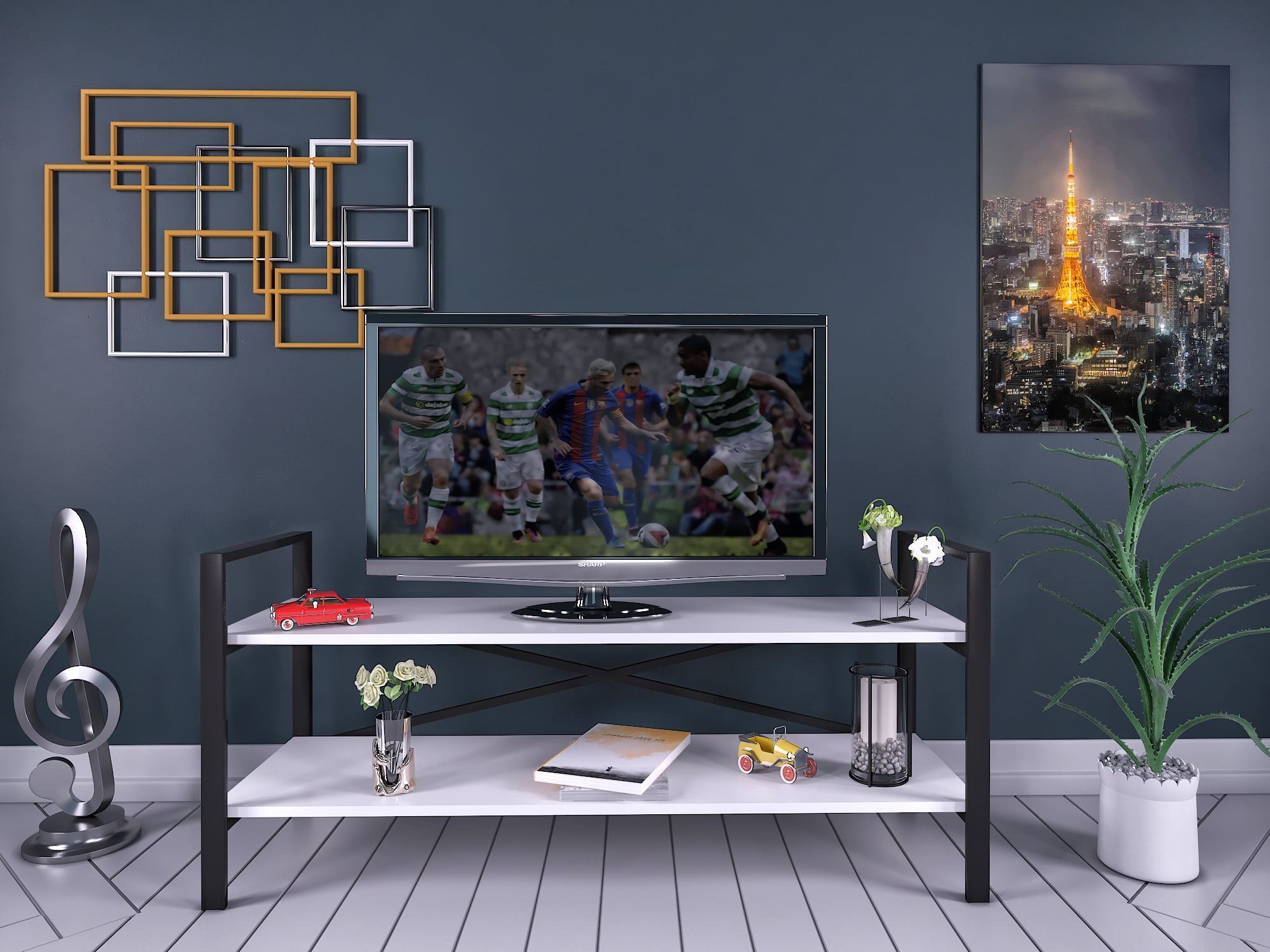 Ikra Modern Metal Frame Tv Stand, Wood base with Shelf Tv unit, White ...