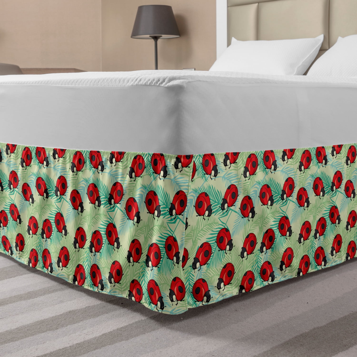 Ladybug Bed Skirt, Spring Bugs on Tropical Leaves Exotic and Green Fern ...