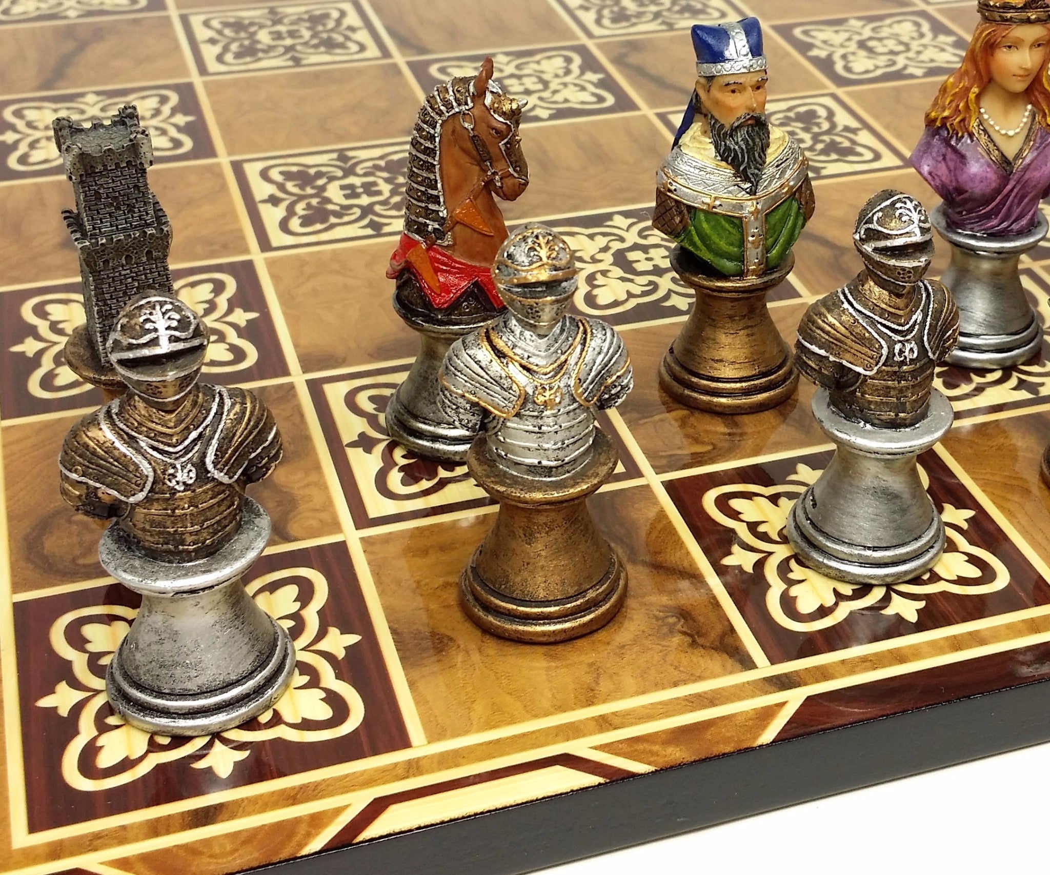 Medieval Times Crusade Painted Busts Knight Chess Set 17" Burlwood ...