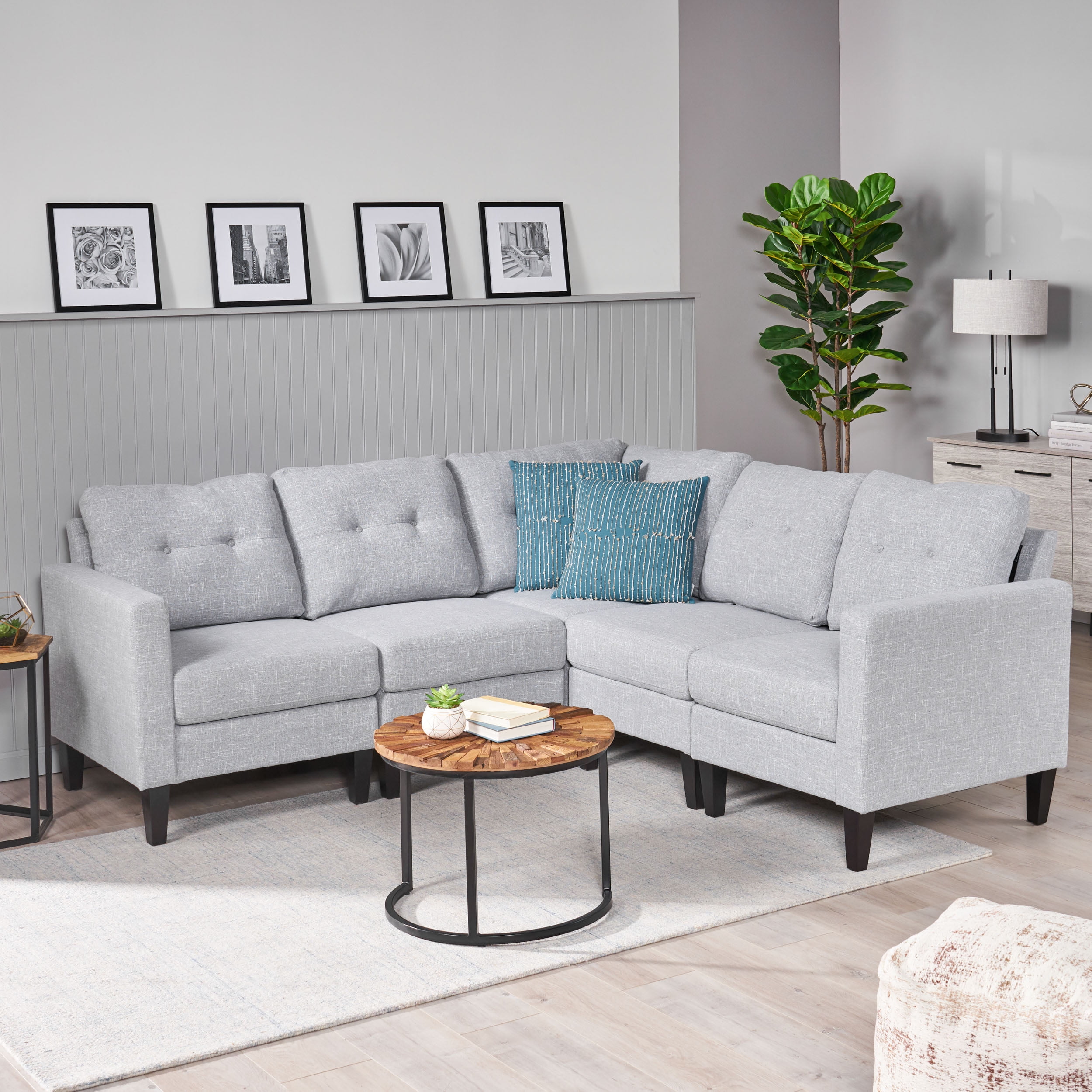 Noble House Arriah Mid Century Modern Sectional Sofa Set Gray Tweed