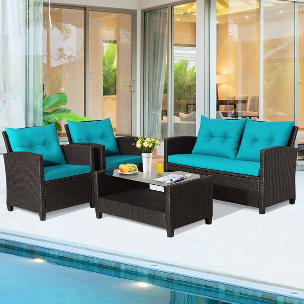 Gymax 4pcs Outdoor Conversation Set Patio Pe Rattan Set W Glass Table