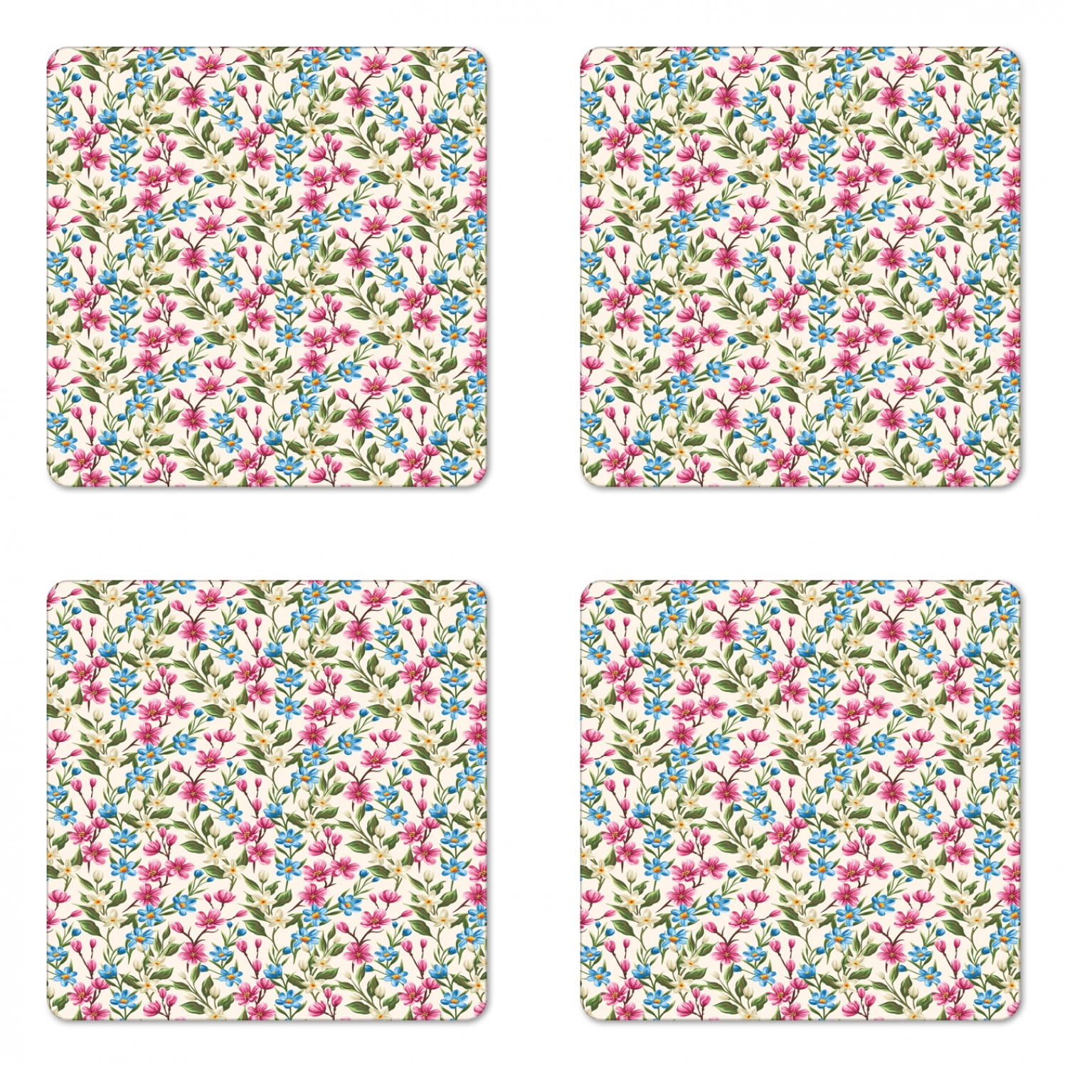 Flower Coaster Set of 4, Blooming Spring Flowers on Branches Romantic ...