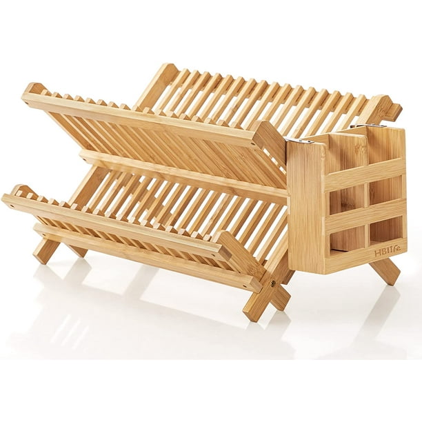 HBlife Dish Rack,Bamboo Folding 2-Tier Collapsible Drainer Dish Drying ...