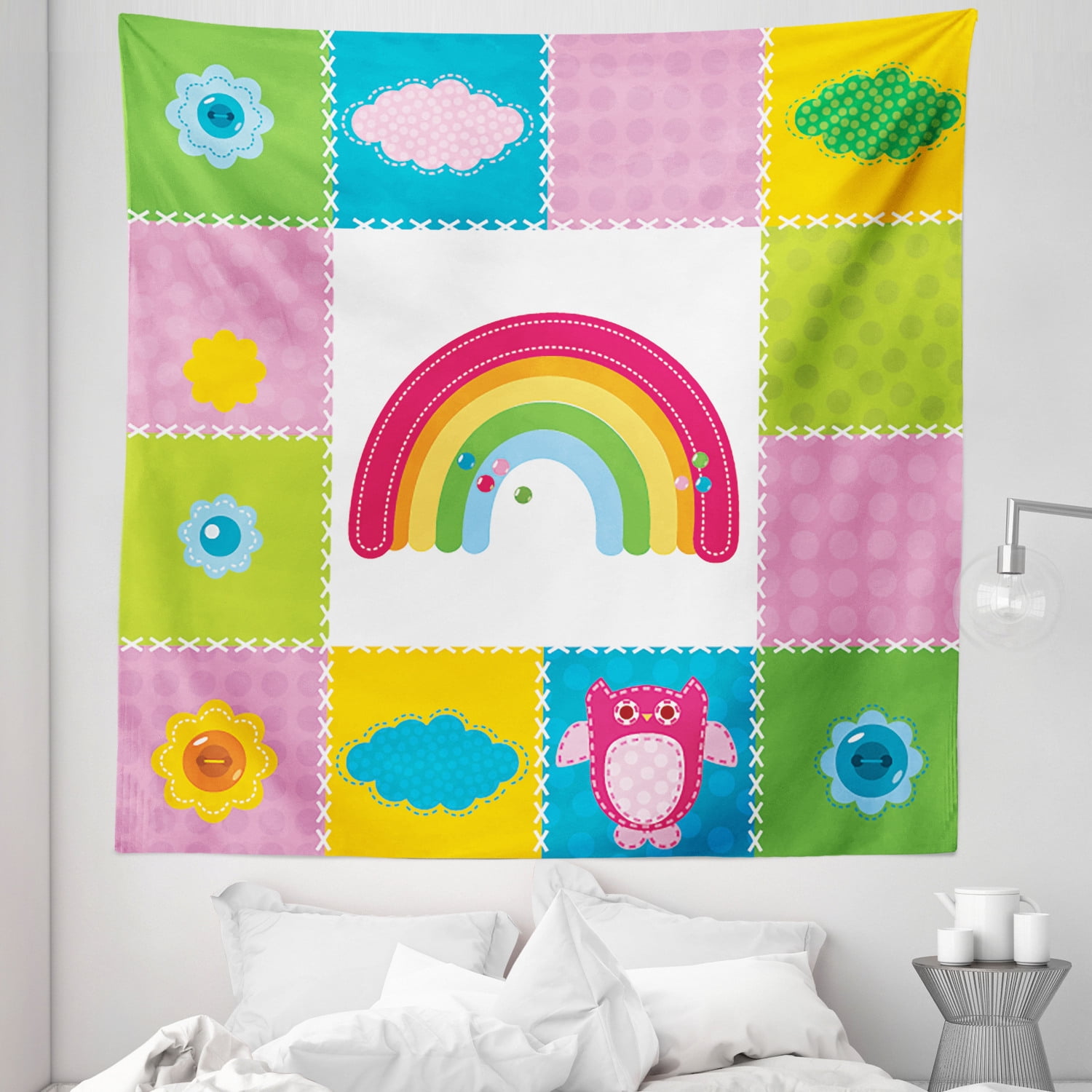 Cartoon Tapestry, Squares Stitched Together Sewing Themed Art Rainbow ...