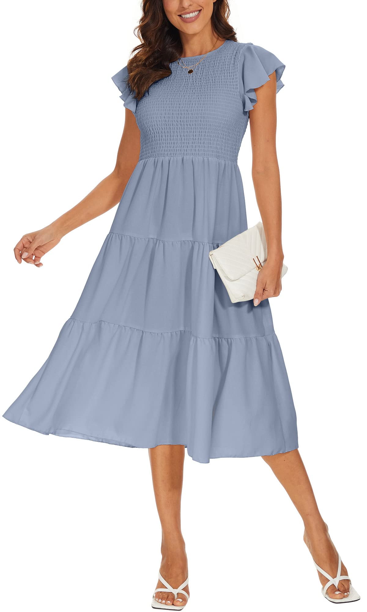 Haomeili Womens Summer Casual Flutter Short Sleeve Crew Neck Smocked