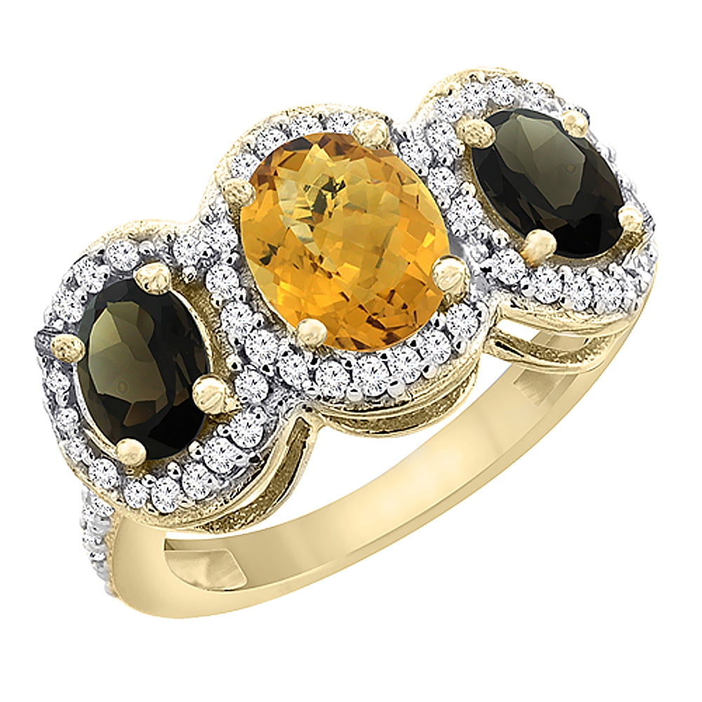 14K Yellow Gold Natural Whisky Quartz & Smoky Topaz 3-Stone Ring Oval ...