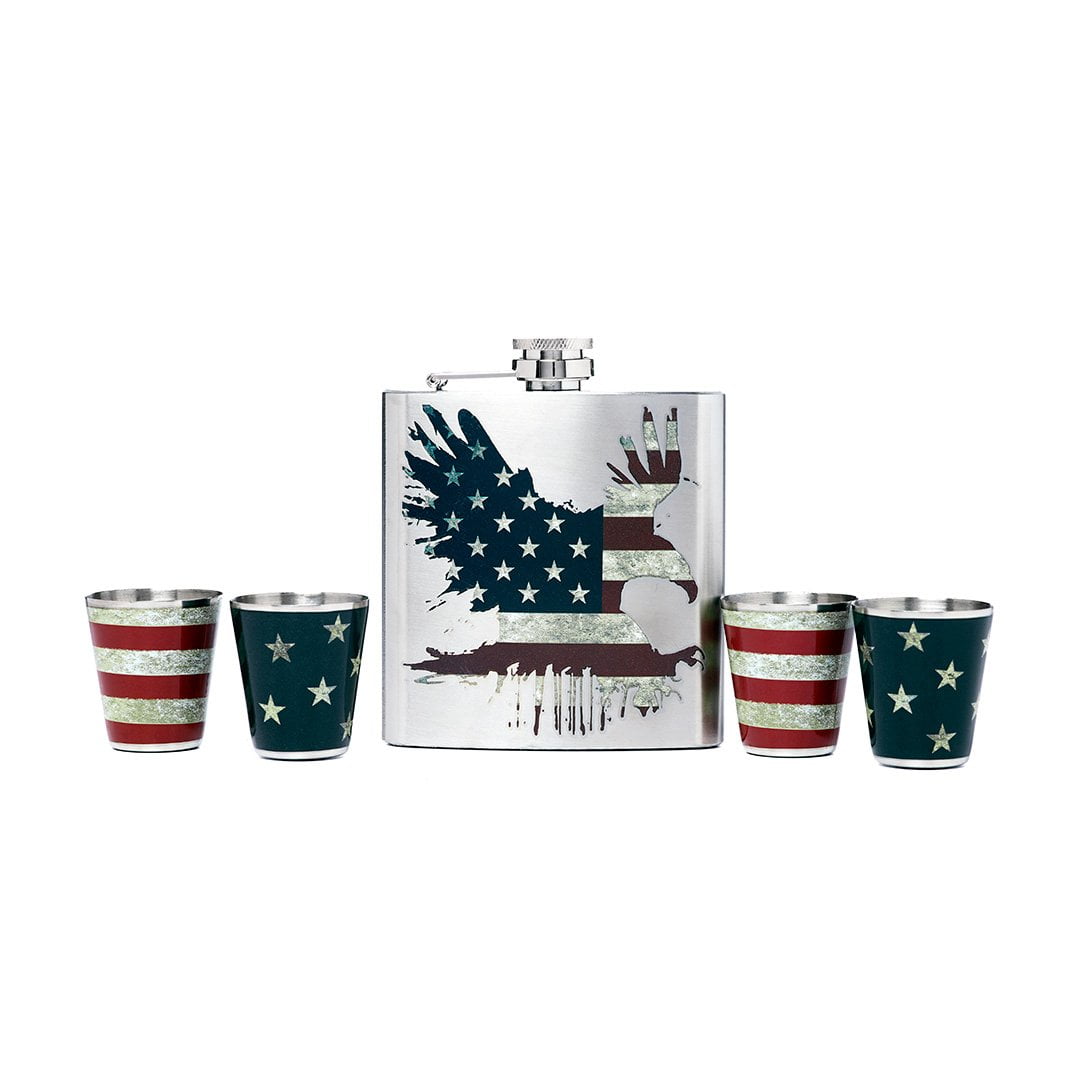 American Flag Bald Eagle Printed Stainless Steel Flask and Shot Glass ...