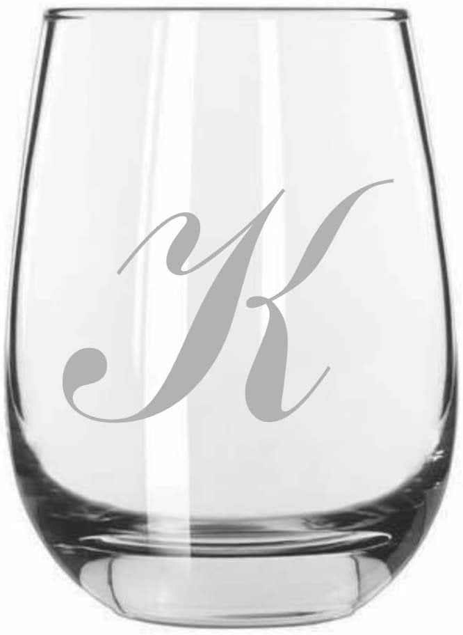K Commercial Script Monogram Etched 15.25oz Libbey Stemless Wine Glass ...