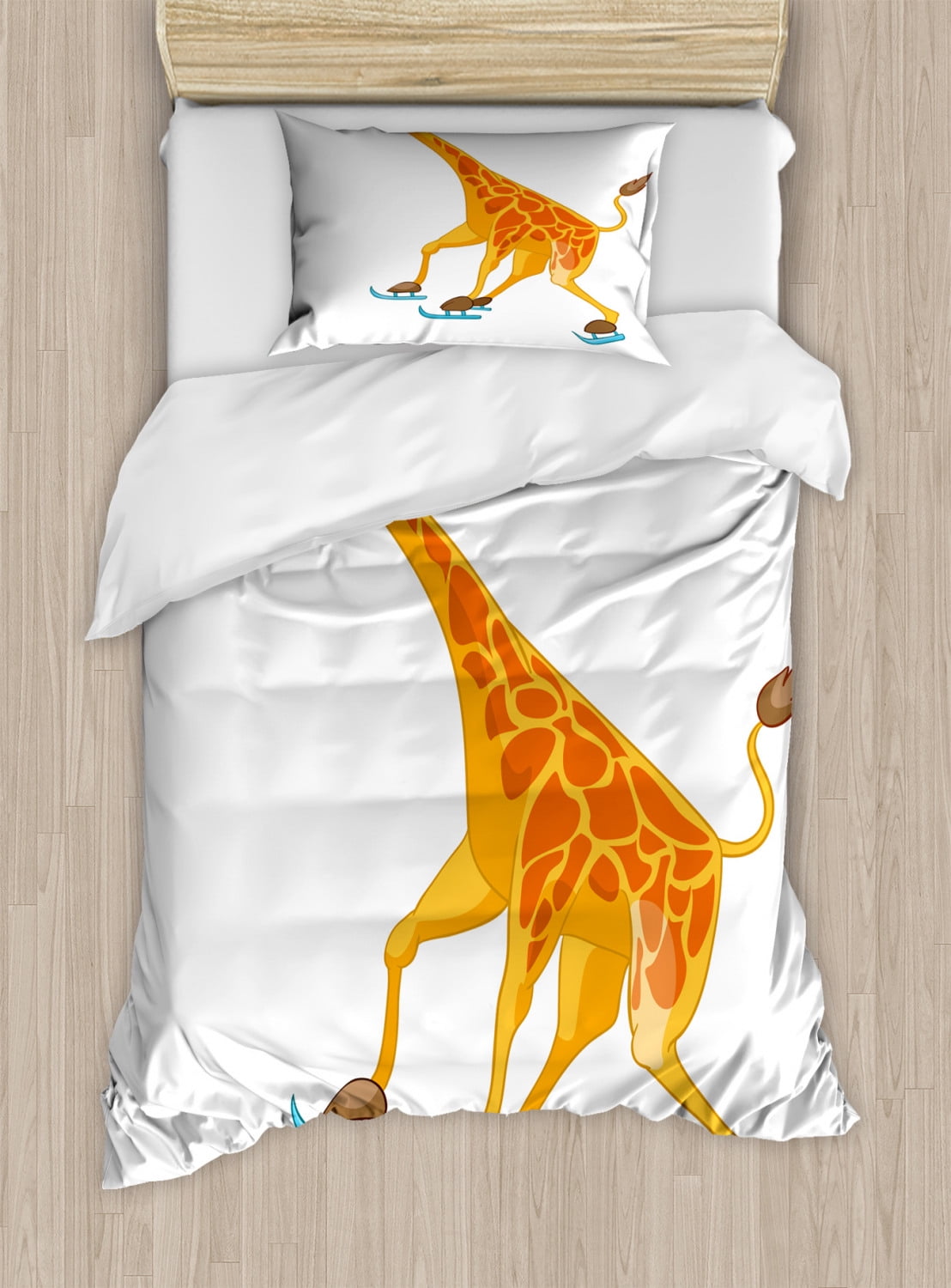 Giraffe Duvet Cover Set Twin Size, Ice Skating Animal Having Fun ...