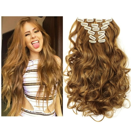 Gray Hair Extensions Clip in Curly Wavy 7 Synthetic Full Head Hairpiece ...