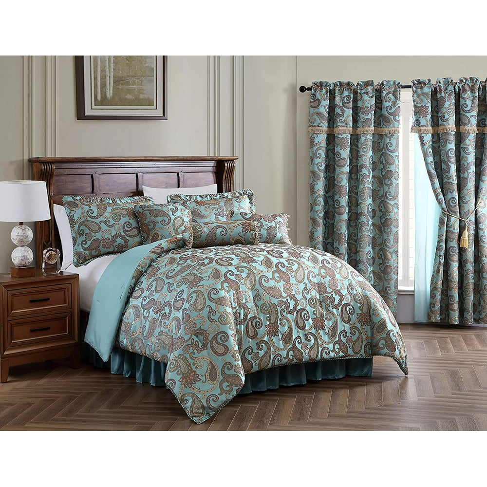 Chezmoi Collection Adelle 7-Piece Teal Paisley Jacquard Comforter Set ...