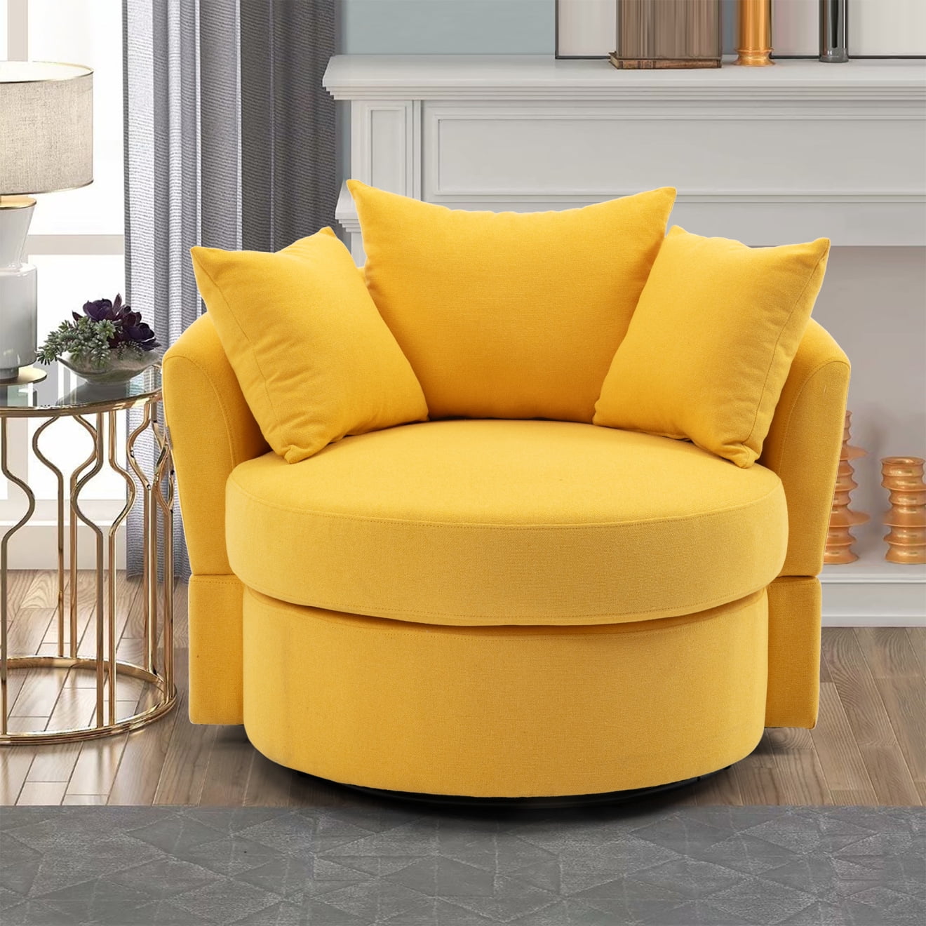 Yellow 360°Swivel Upholstered Single Sofa with Cushioned Backrest ...