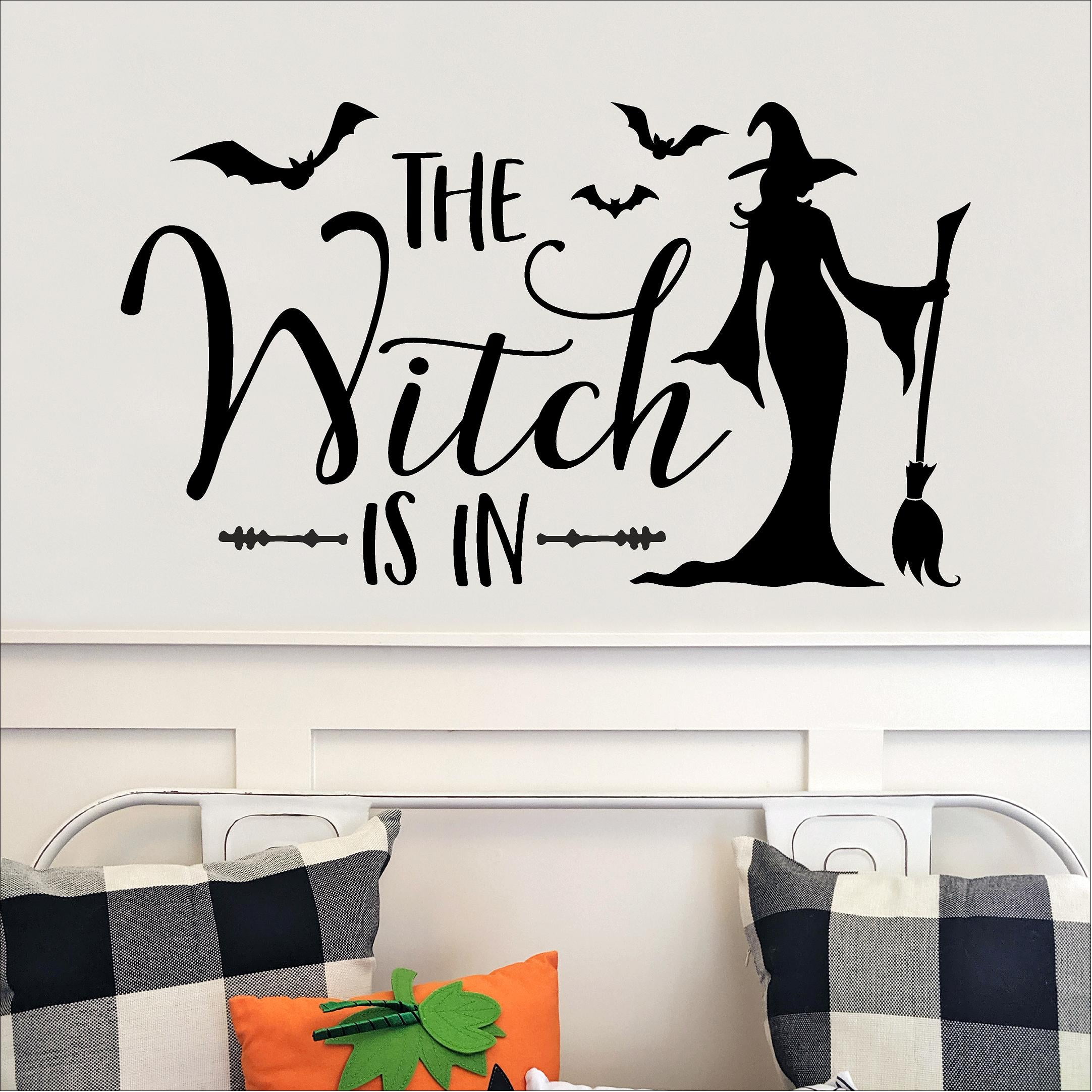 The Witch Is In (cursive) with Bats and Witch with Broom Halloween ...