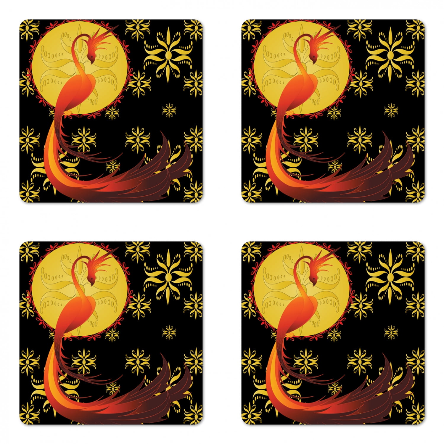 Birds Coaster Set of 4, Mythical Fiery Phoenix Standing by the Fullmoon ...