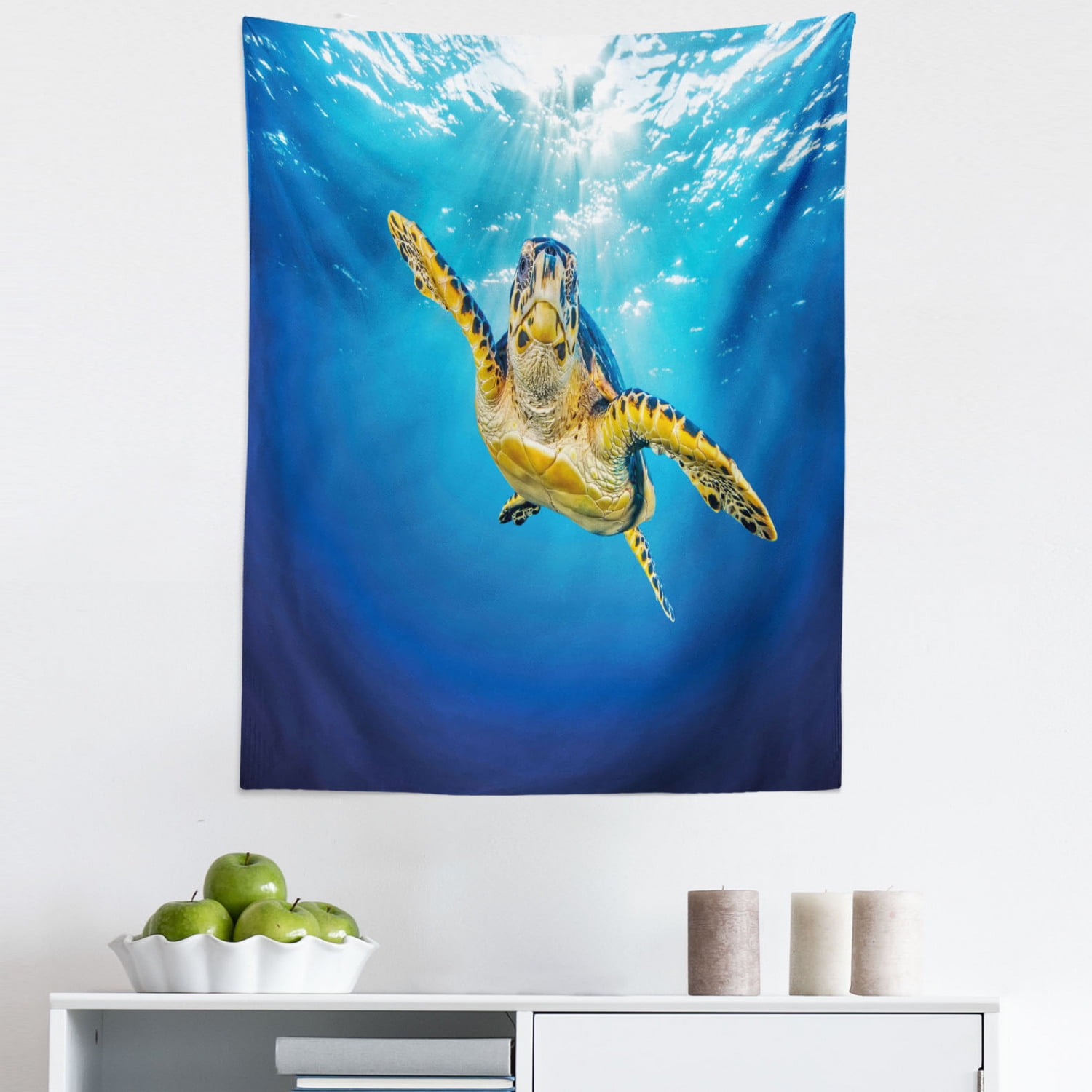 Turtle Tapestry, Eretmochelys Imbricata Swimming in Blue Waters Sun ...