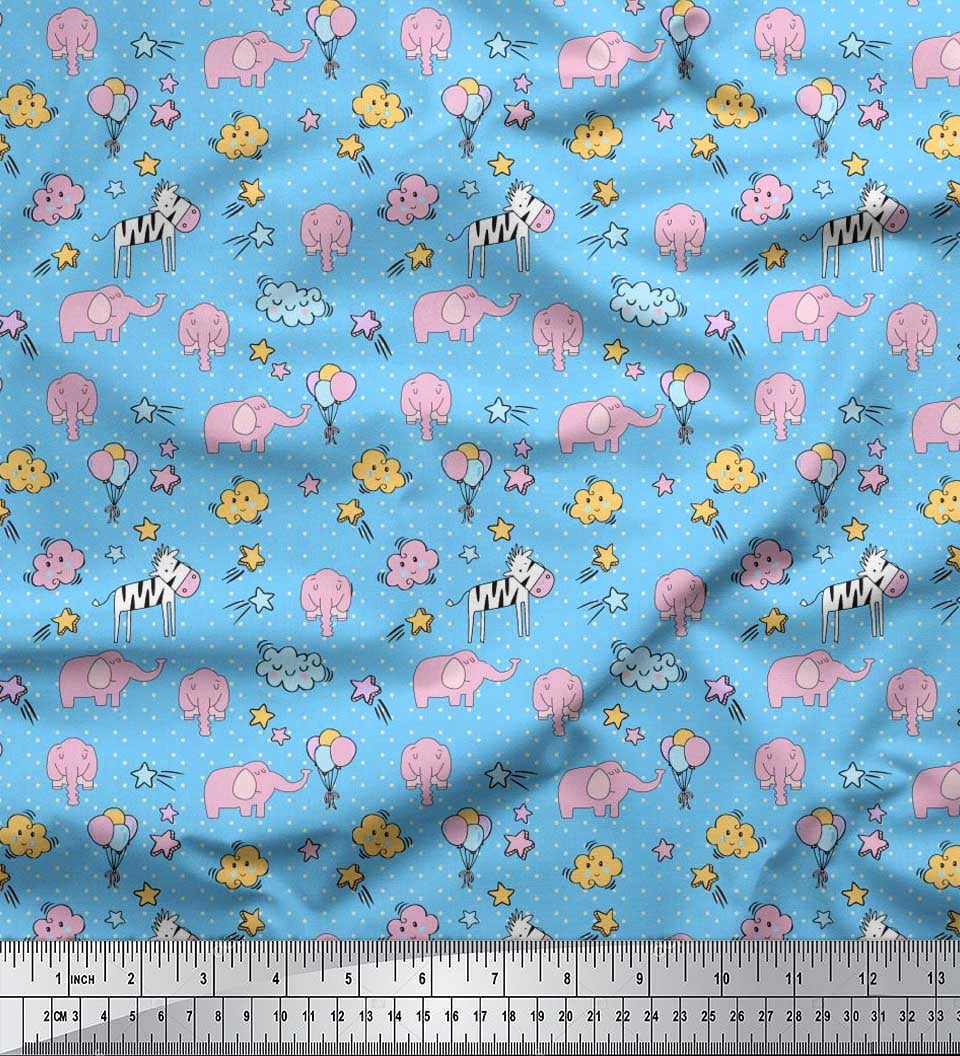 Soimoi Crepe Silk Fabric Cloud,Star & Cute Elephant Kids Print Fabric ...