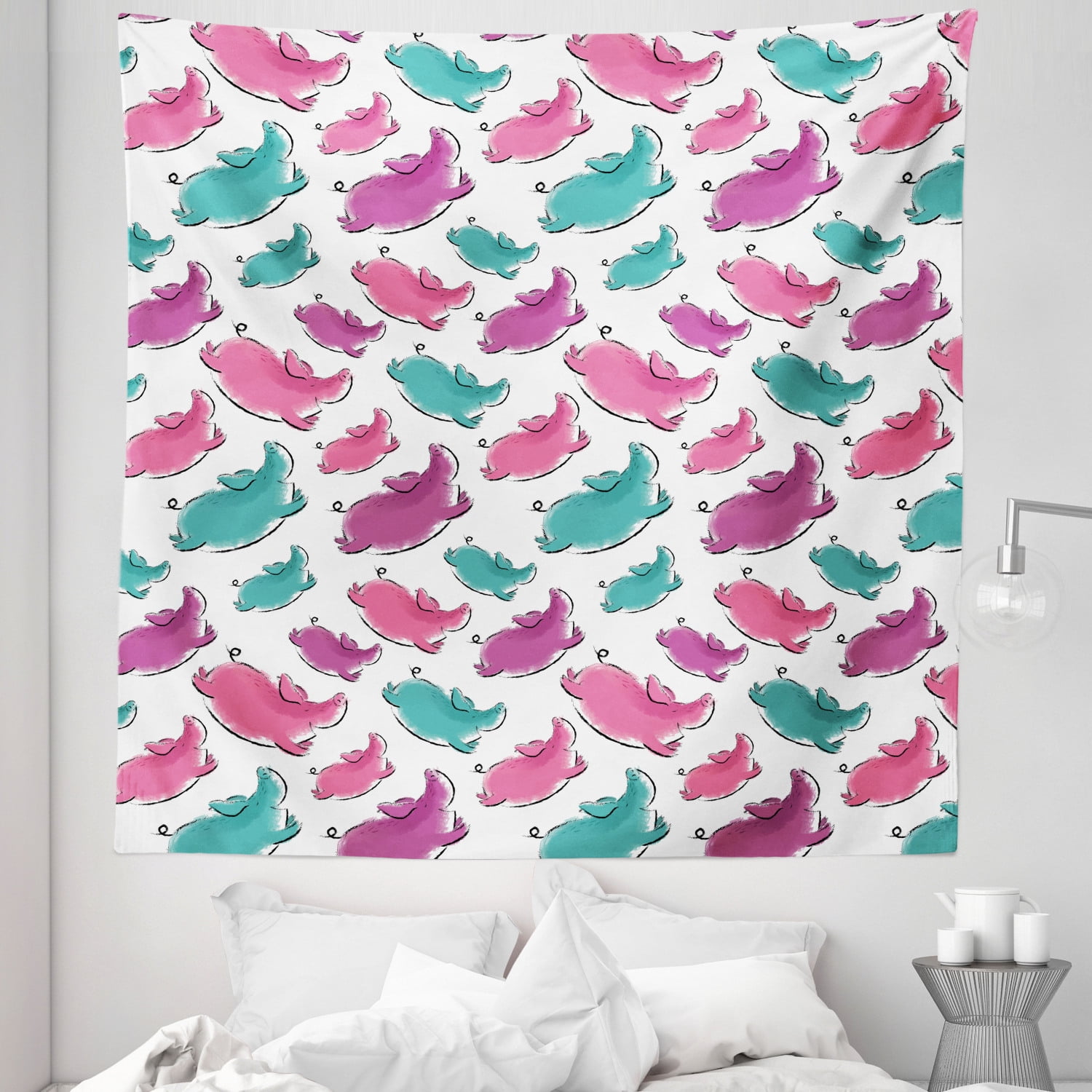 Pig Tapestry, Illustration of Hand Drawn Watercolor Style Silhouettes ...