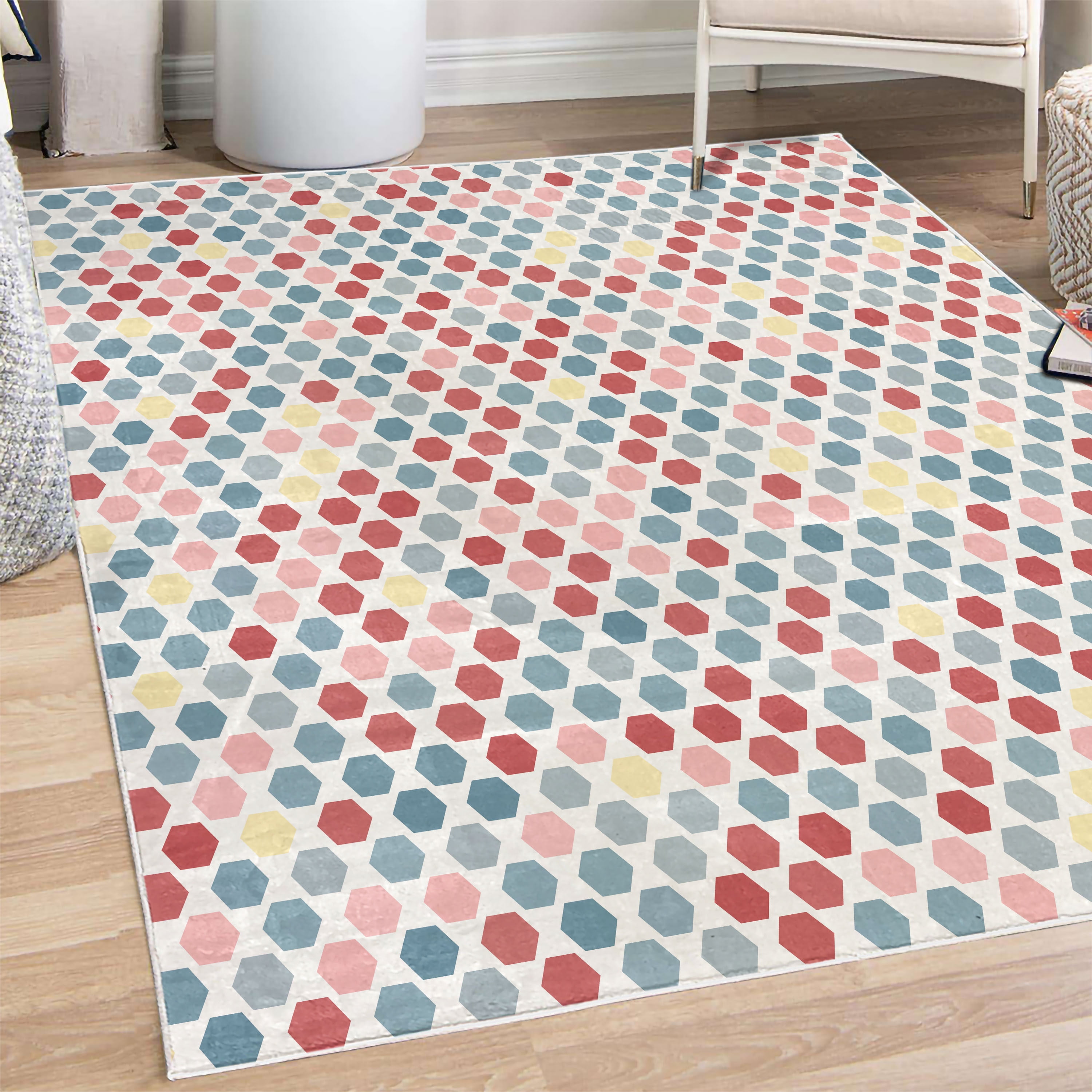 Geometric Decorative Rug, Abstract ZigZag Hexagon Vivid and Dark Color ...