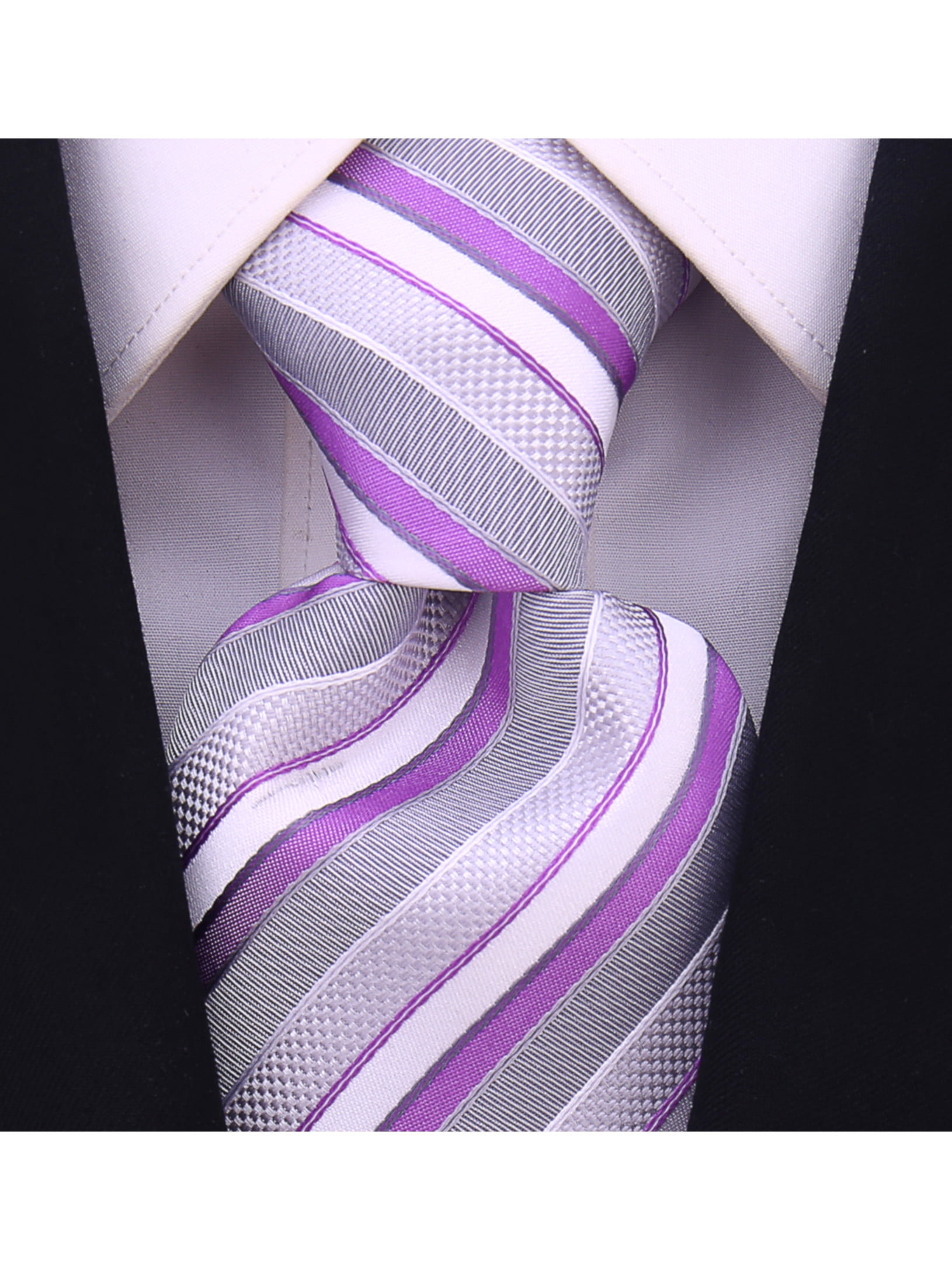 Purple Necktie - Purple Gray Jacquard Woven Striped Tie - Grey and ...