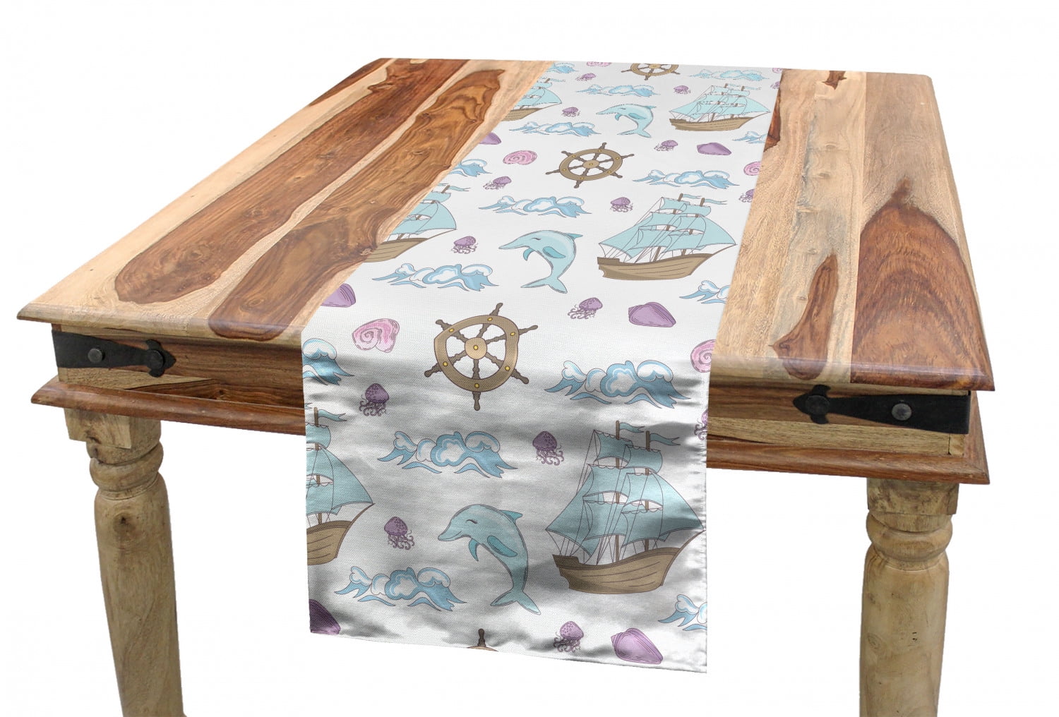 Nautical Table Runner, Pastel Sea Cruising Waves Dolphins Steering ...