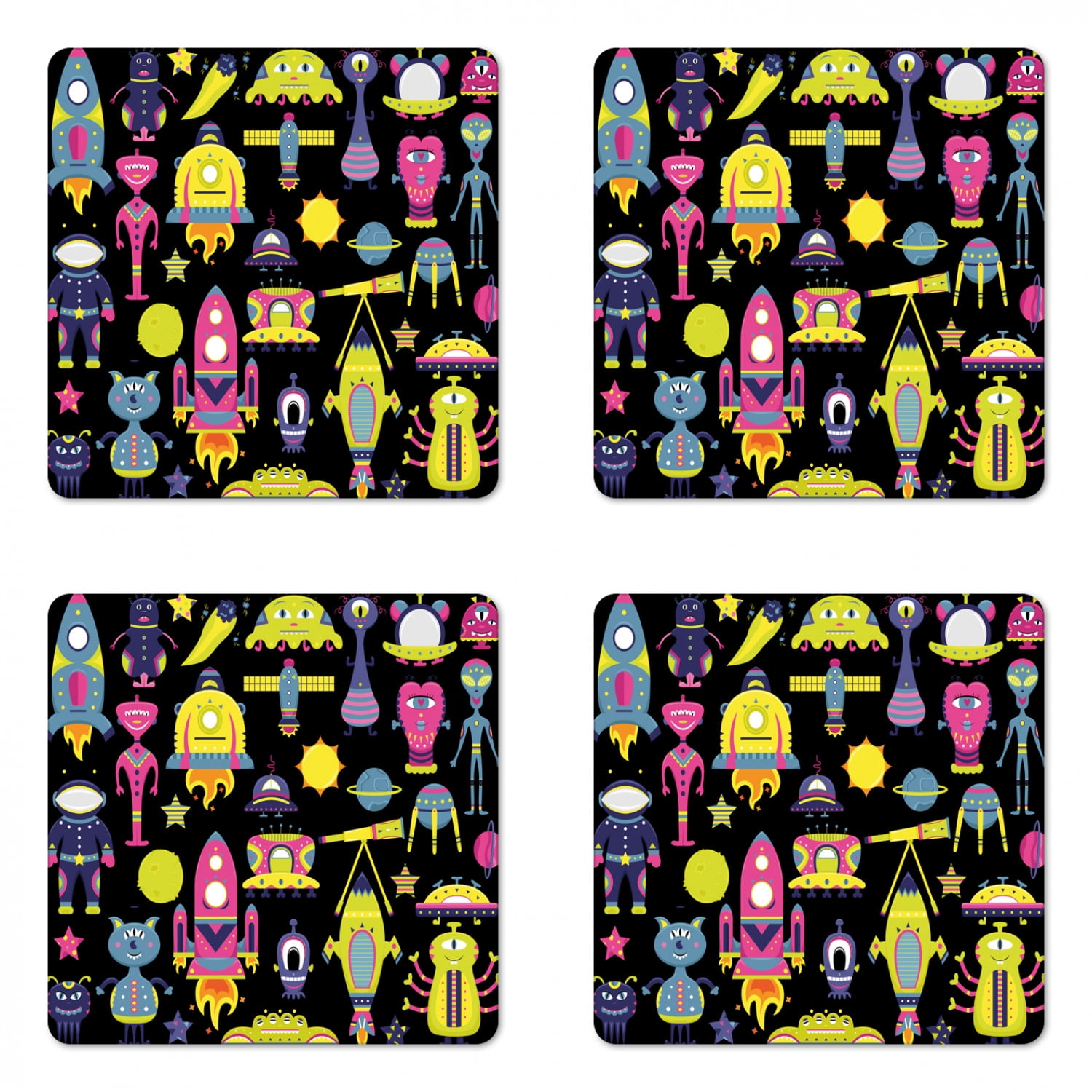 Alien Coaster Set of 4, Funny Characters Space Rockets Funny Eyed ...
