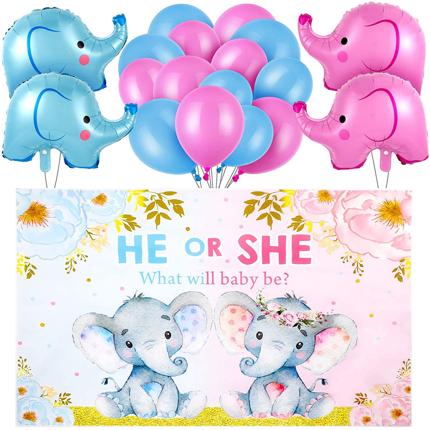 65 Pieces Elephant He or She Backdrop and Elephant Balloons Elephant ...