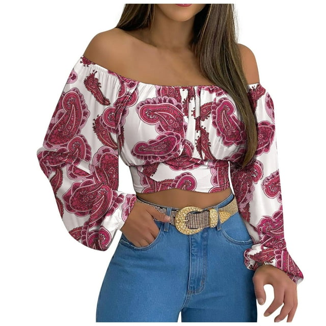 Womens Sexy Off Shoulder Crop Tops Elegant Lantern Long Sleeve Blouse