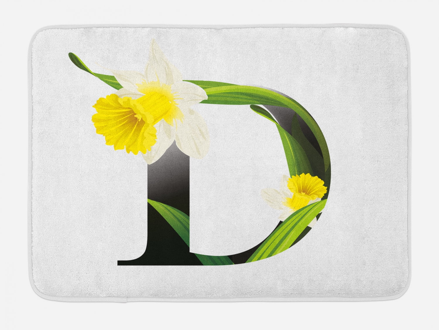 Letter D Bath Mat, Black D Silhouette Entangled with Growing Daffodils ...