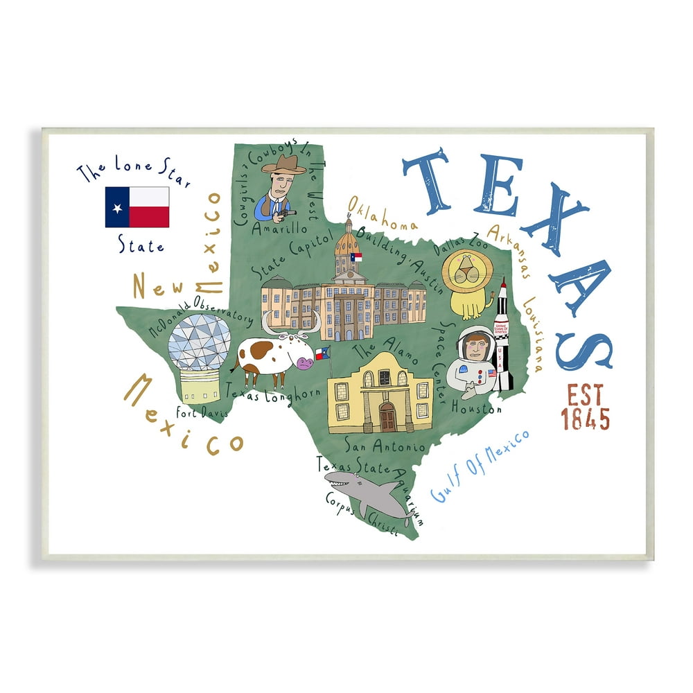 The Stupell Home Decor Texas Landmarks and Flag Illustrated Map Wall ...