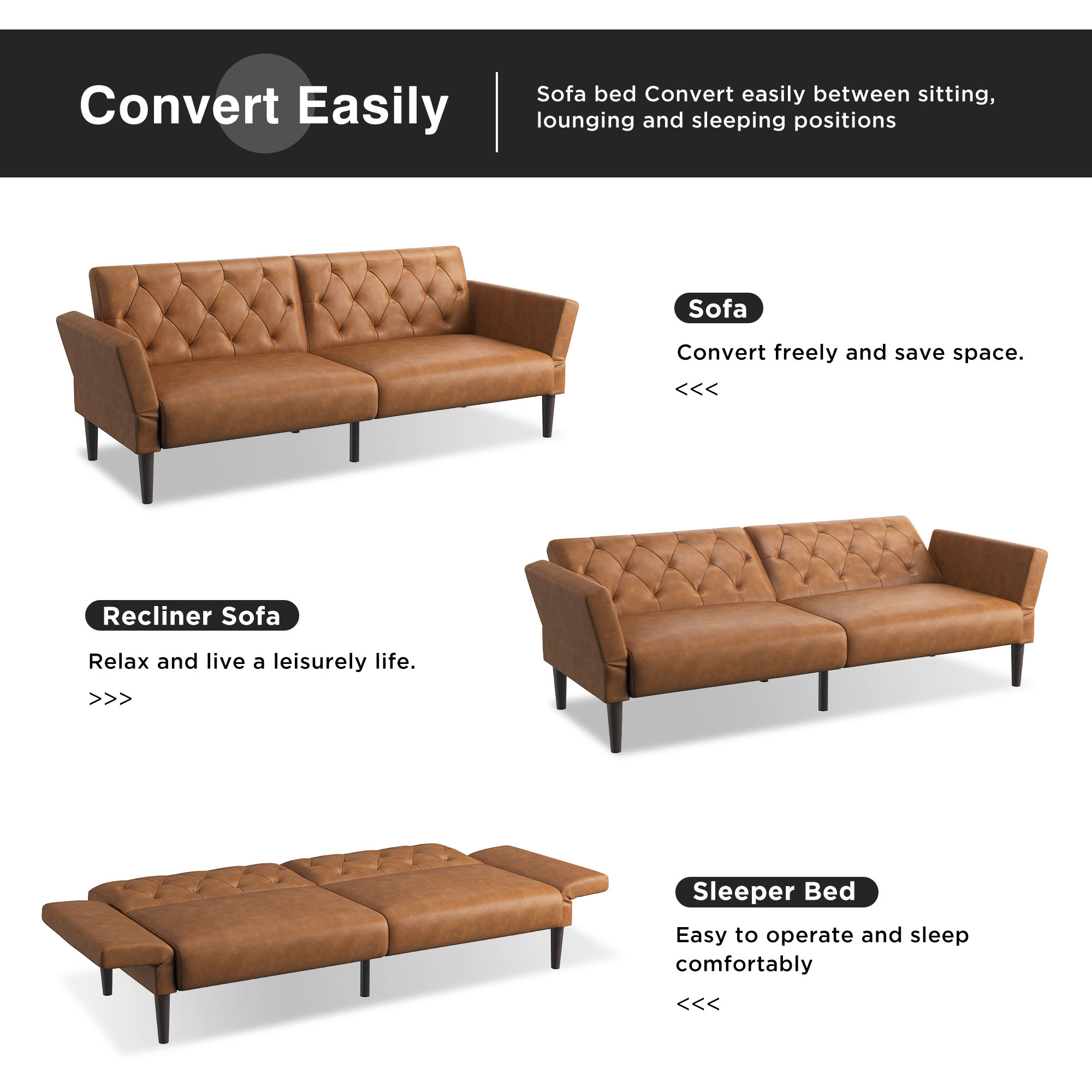 Homegear Faux Leather Deluxe 3 Seater Folding Sofa Bed Brown | Baci ...