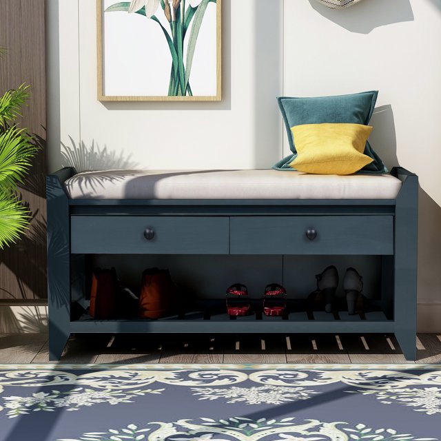 Entryway Storage Bench with 2 Drawers and Cushioned Seat, Modern Wood ...