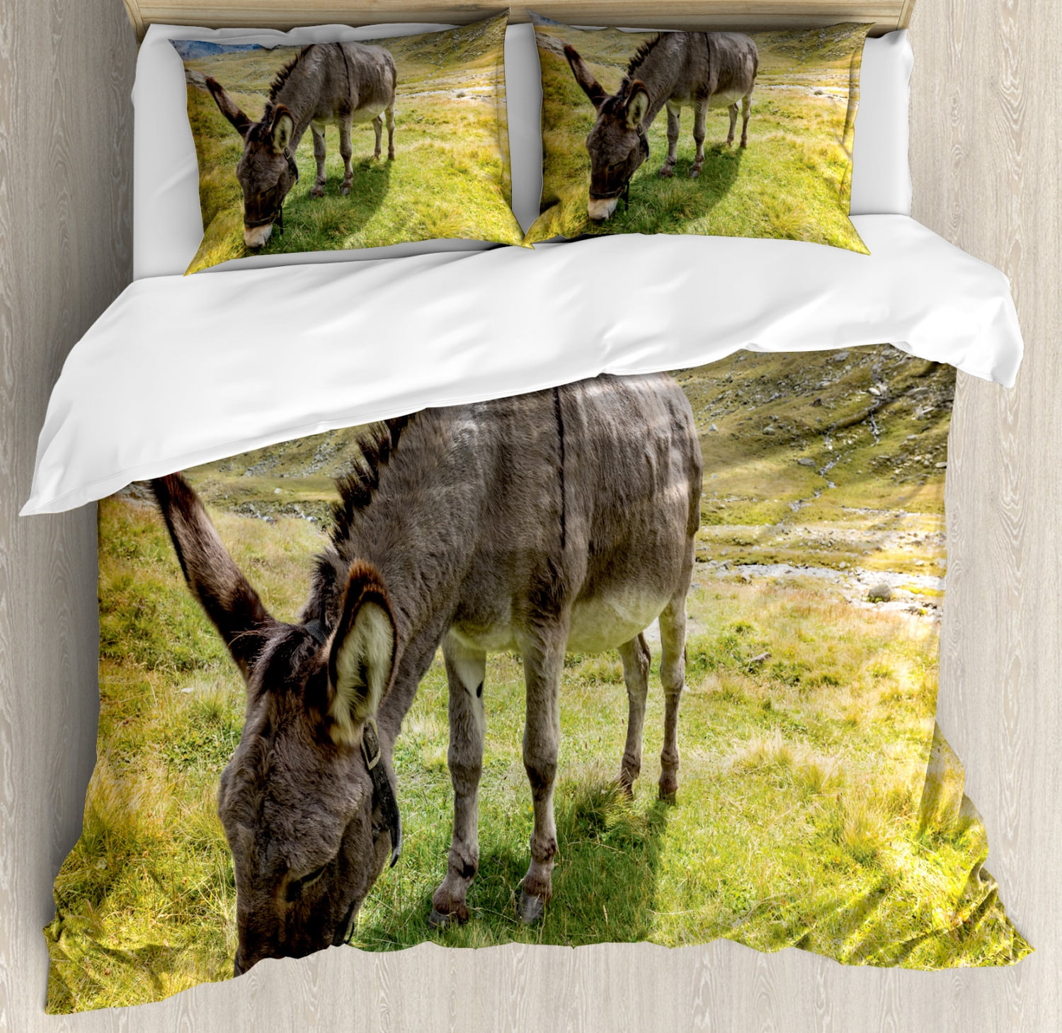 Donkey Duvet Cover Set King Size, Cute Donkey Eating Grass in Mountain ...