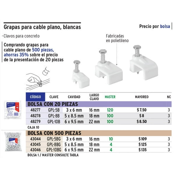 Grapa para cable plano, 3 X 6 mm, blanca, bolsa 20 pzas Volteck Grapa ...