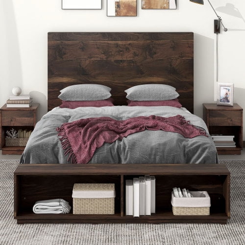 Queen Size Wood Platform Bed Frame with Storage Bench in Walnut ...