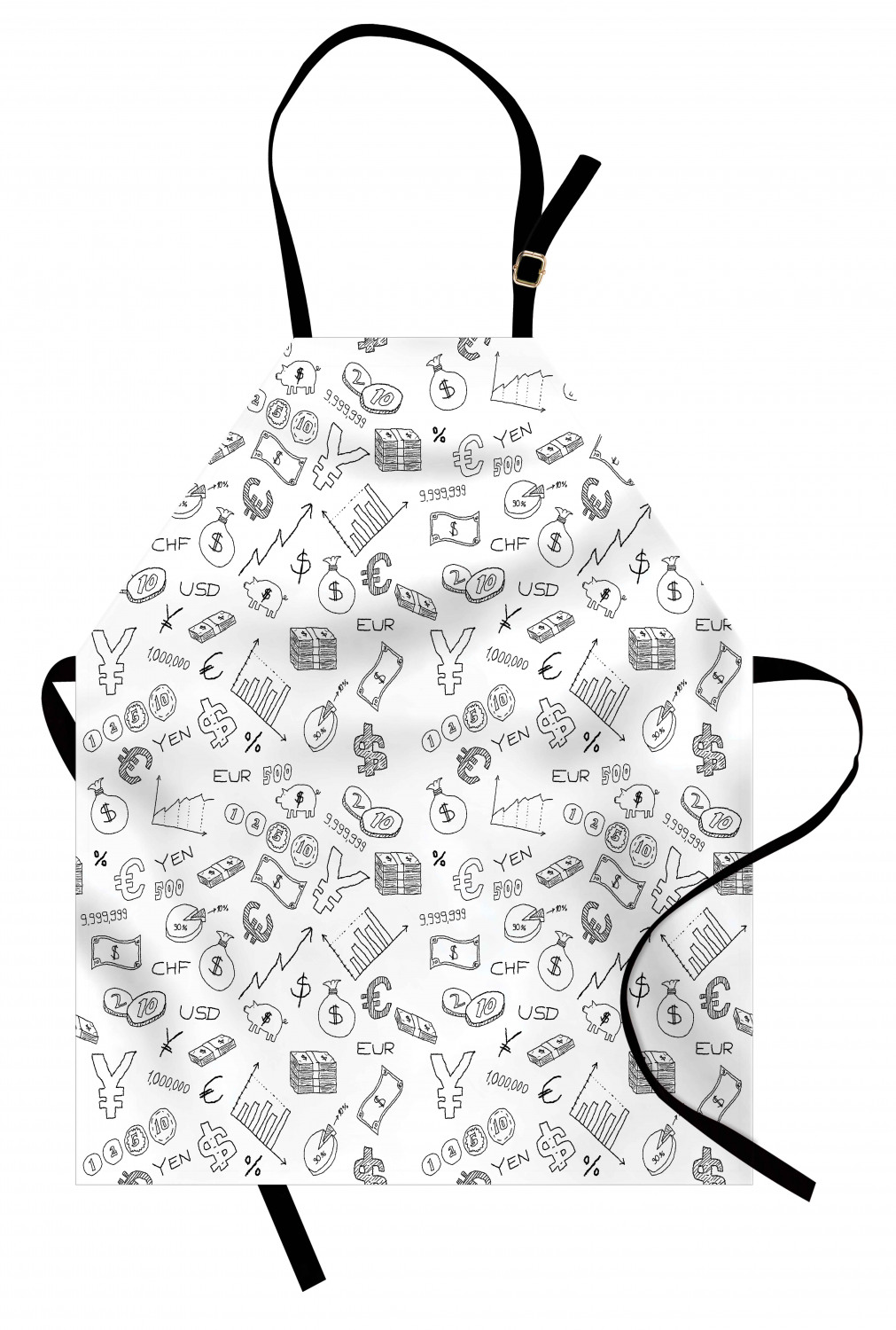 Money Apron Monochrome Pattern with Euro Dollar Yen Symbols Coins Piggy ...