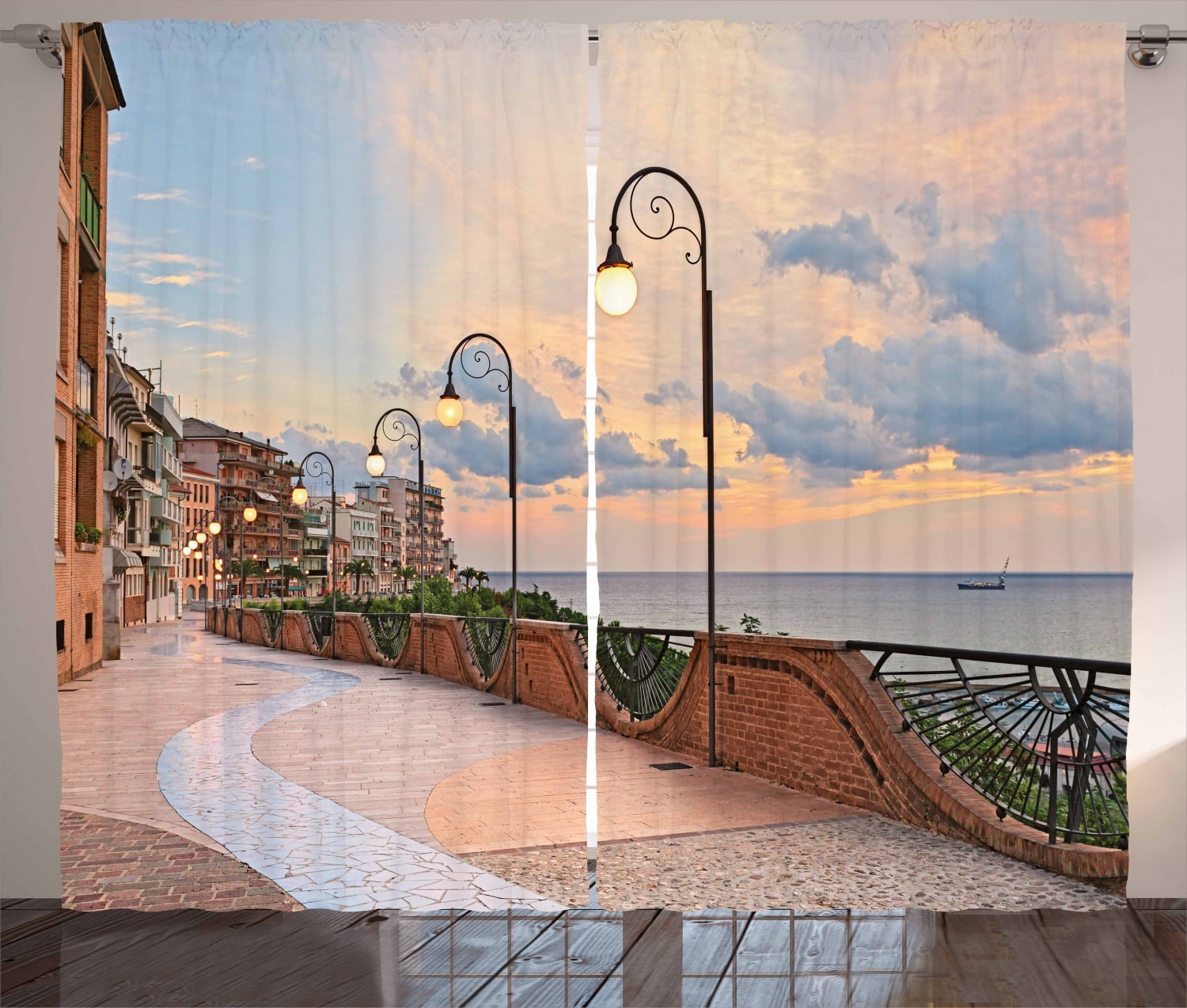 Italian Curtains 2 Panels Set, Dawn at Ortona Abruzzo Italy Terrace ...