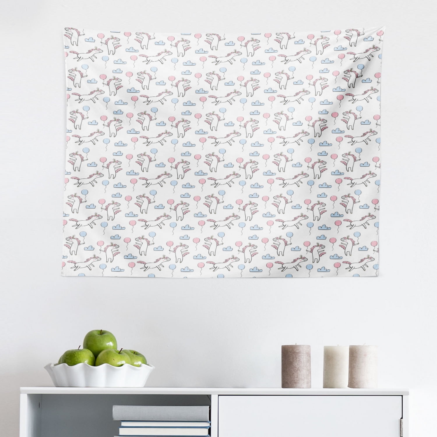 Cartoon Tapestry, Repetitive Pattern Unicorn Party Rainbow Hearts and ...