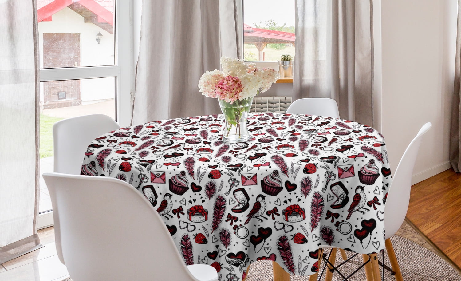 Romantic Round Tablecloth, Sketchy Graphic Image of Feathers Keys Birds ...