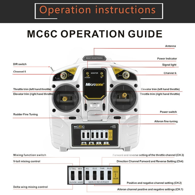 MicroZone MC6C 2.4G 6CH Remote Controller Mode 2 Transmitter MC7RB Receiver Radio System for SU27 RC Airplane Drone Multirotor Helicopter Car Boat Walmart