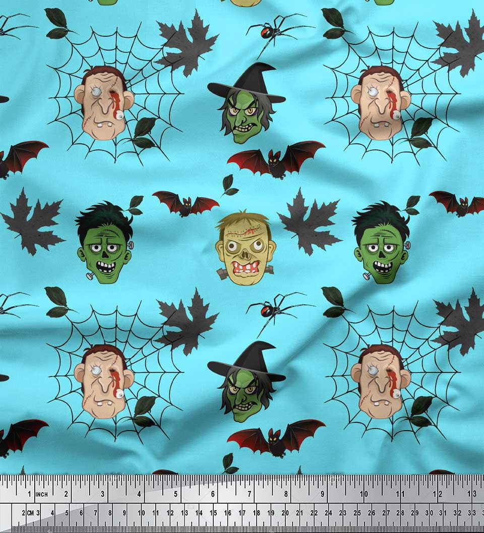 Soimoi Blue Silk Fabric Bat & Ghost Face Halloween Print Fabric by the ...