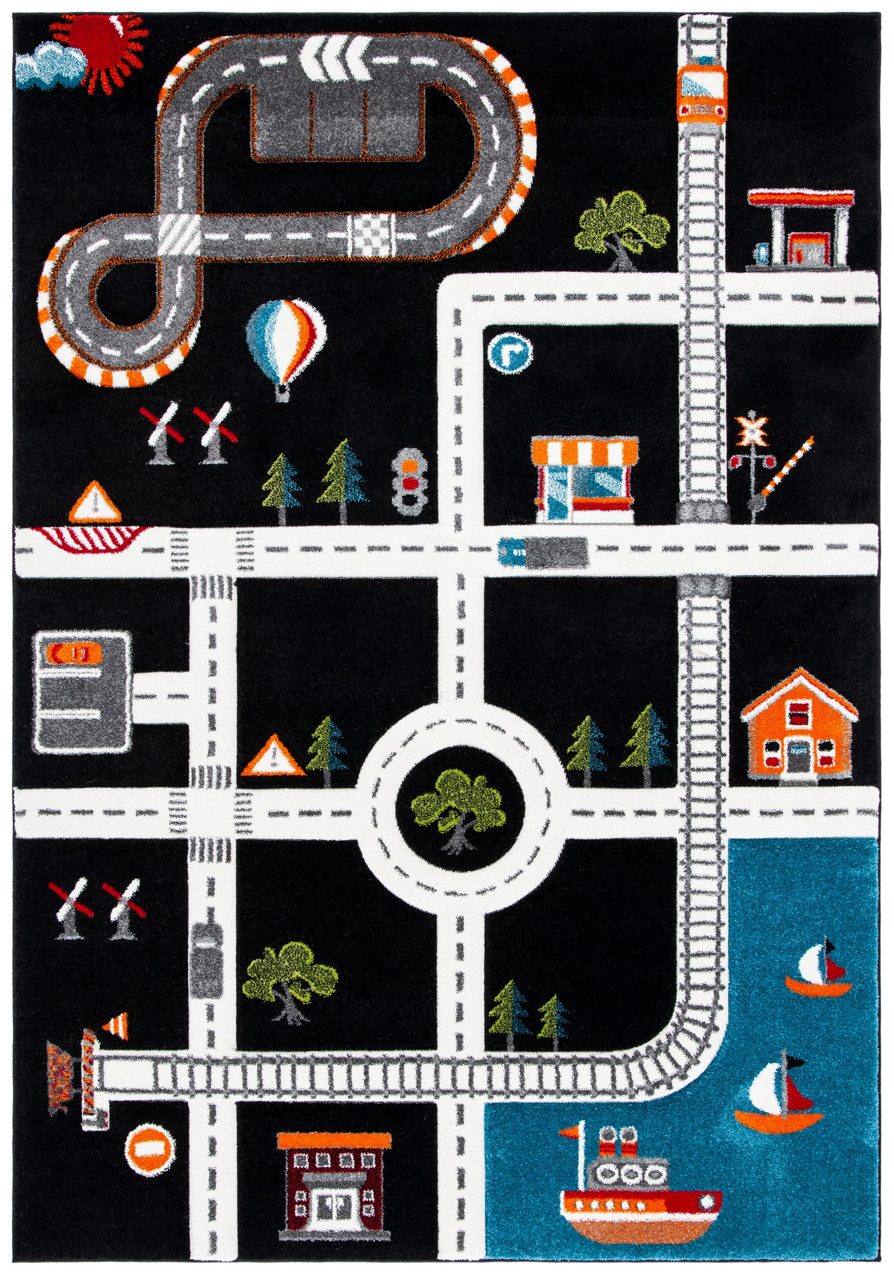 SAFAVIEH Carousel Kids Devan Train Track Area Rug, Black/Ivory, 3'3" x ...
