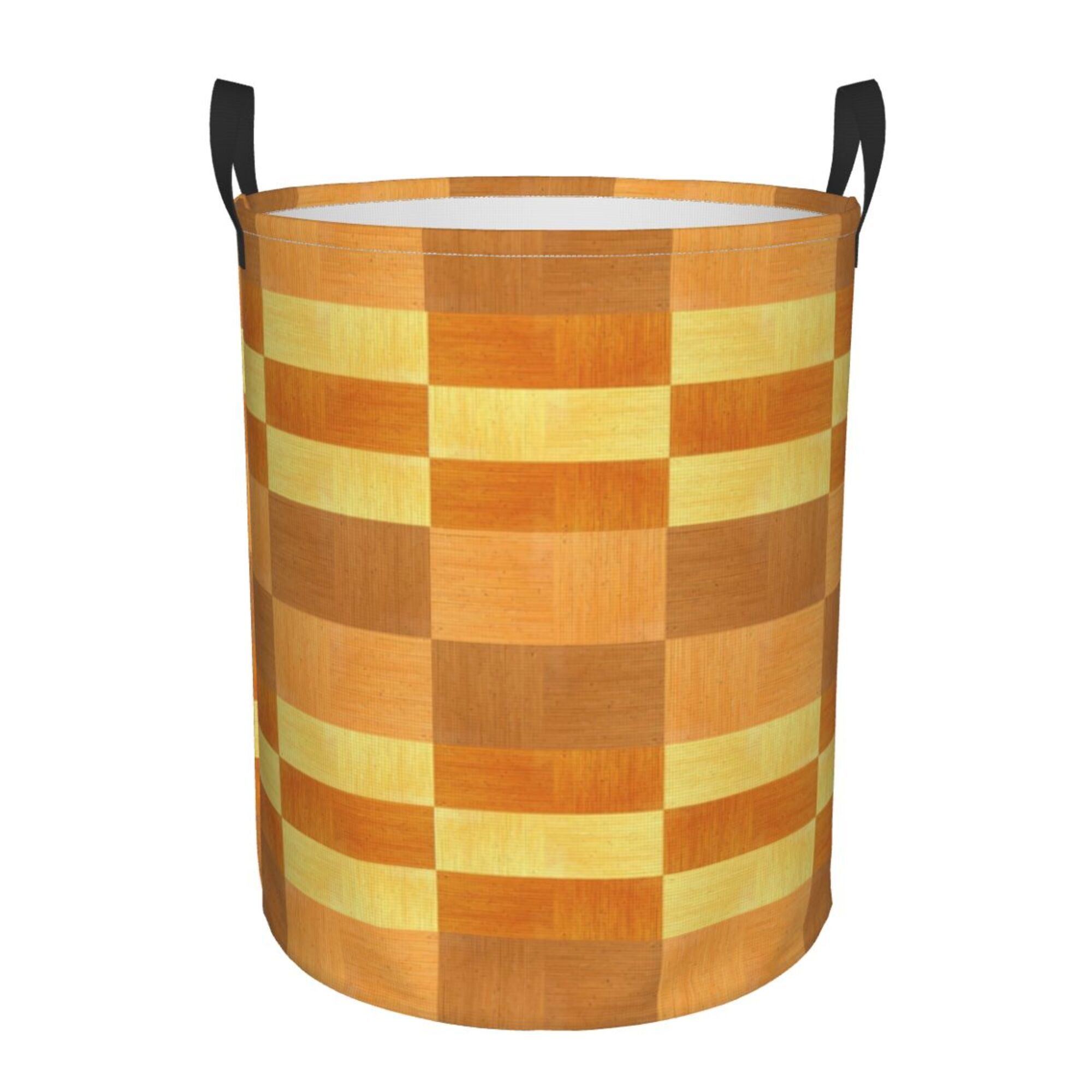 Round Laundry Basket, Orange Rectangle Wood Grain Background Foldable ...