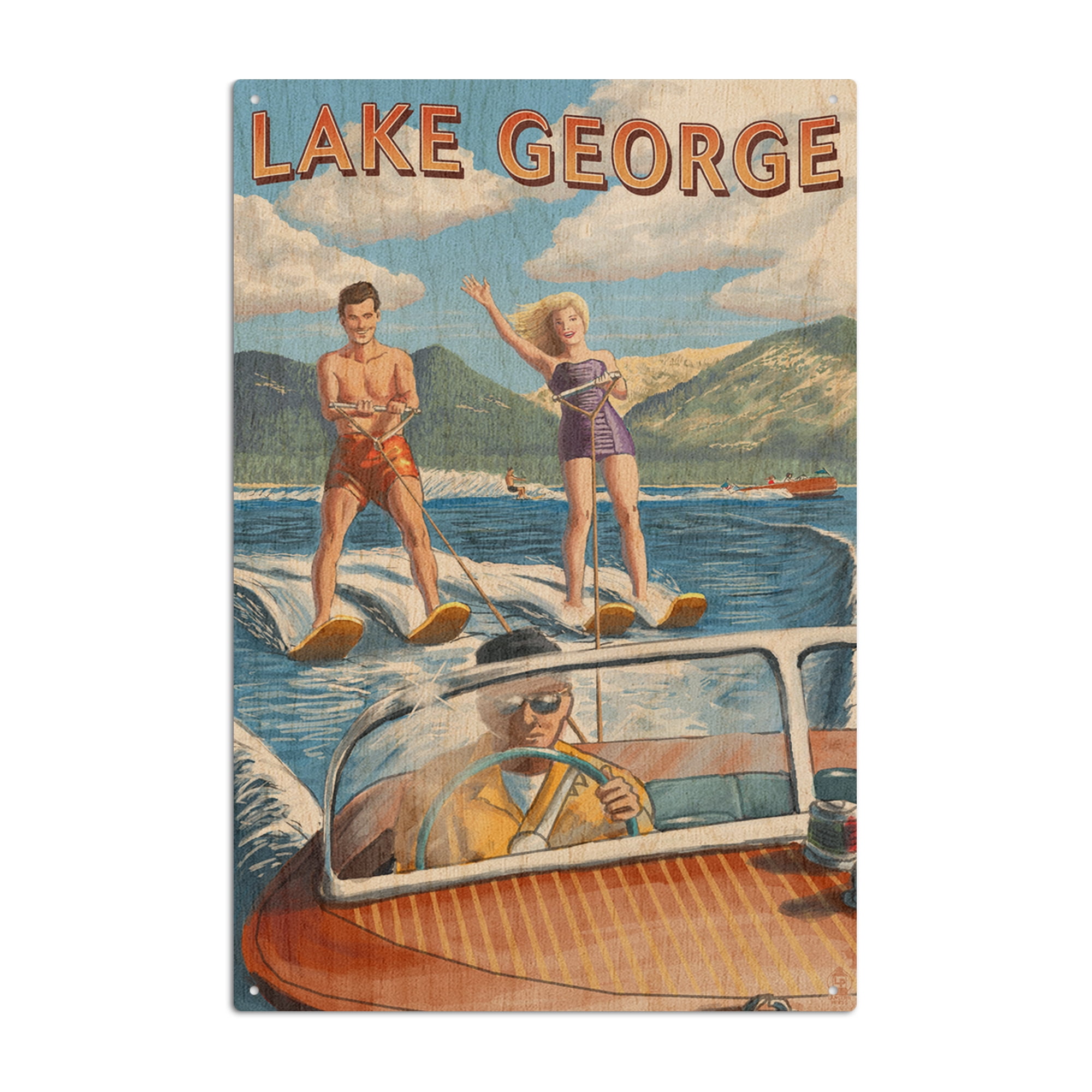Lake George, New York, Water Skiing Scene Birch Wood Wall Sign (6x9 ...
