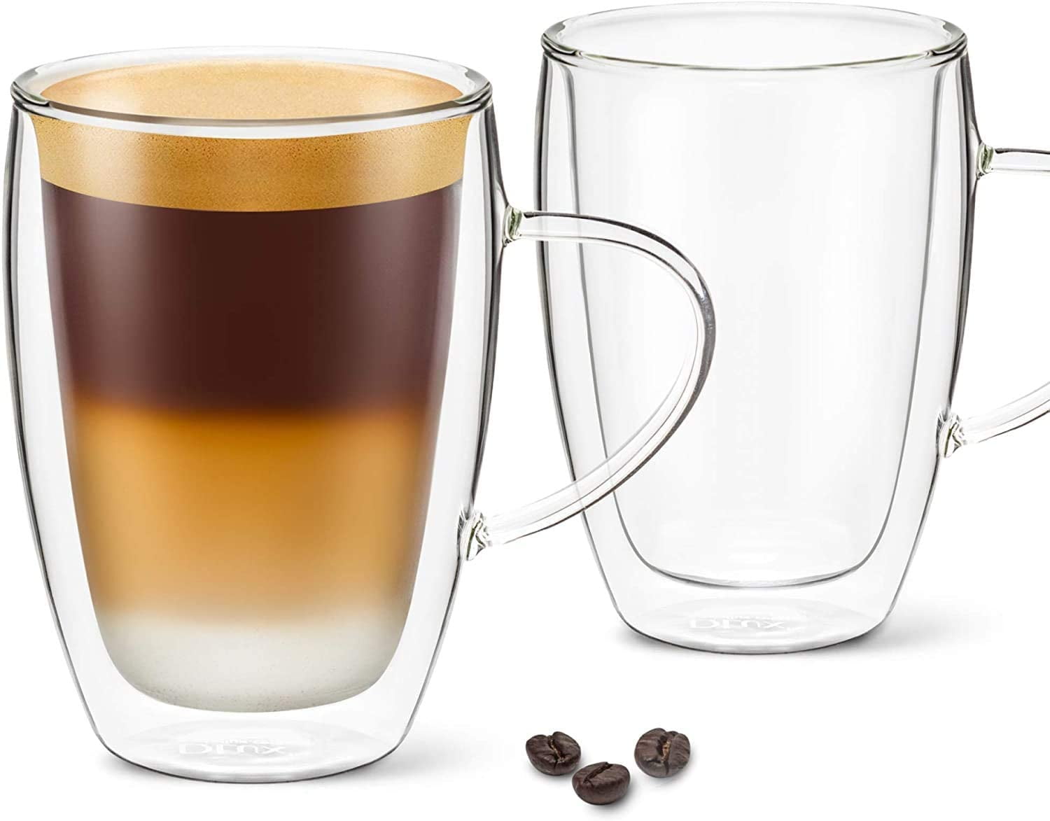 DLux Coffee Mugs, 12oz Latte Clear Glass Set of 2 Cups with Handles ...