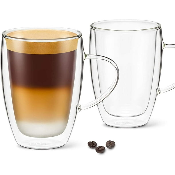 DLux Coffee Mugs, 12oz Latte Clear Glass Set of 2 Cups with Handles ...