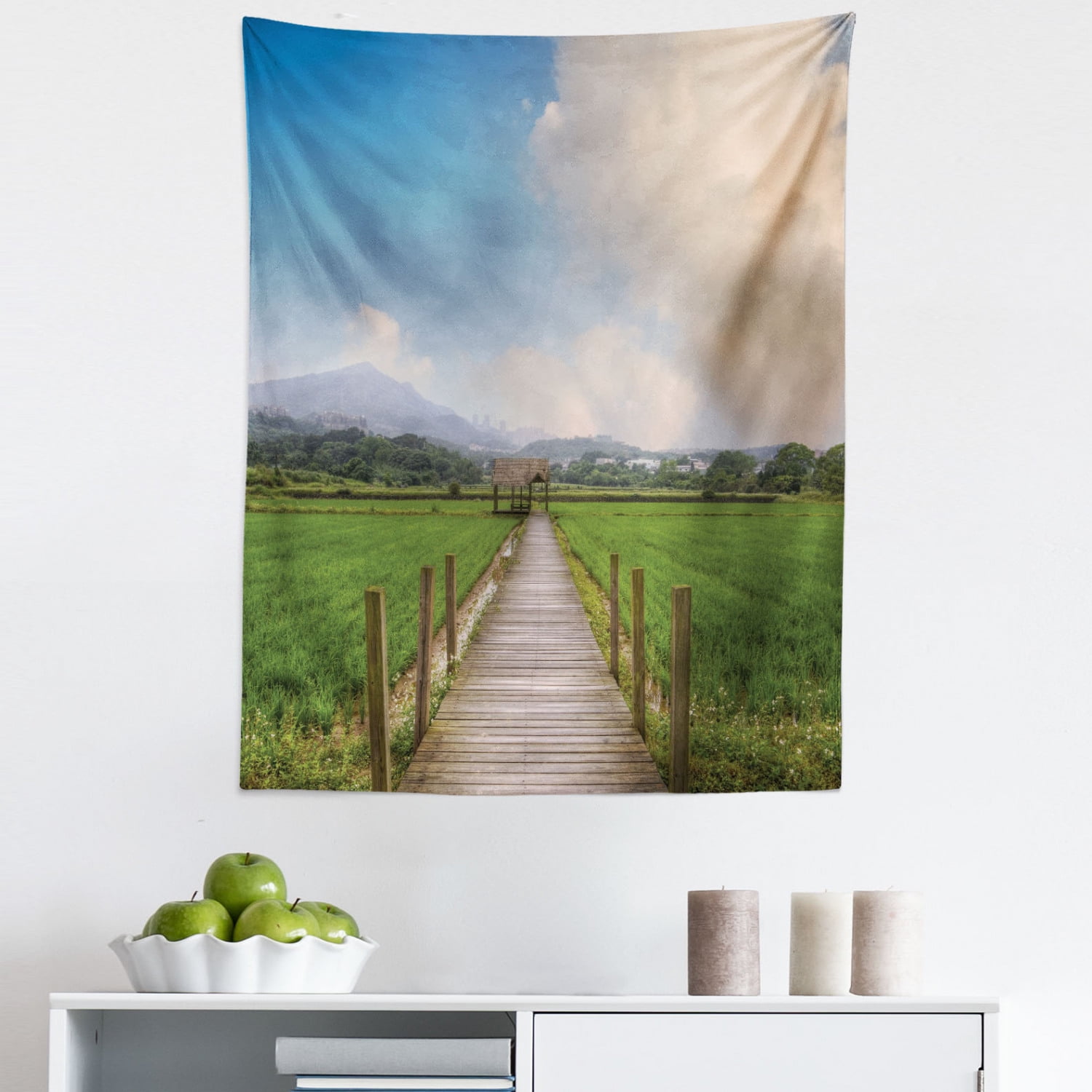 Landscape Tapestry, Rural Scenery with Wooden Path and House Under ...
