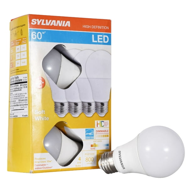 Sylvania 60W Equivalent A19 LED Light Bulb, Dimmable, High CRI, Soft White, For CA Residents, 4 ...